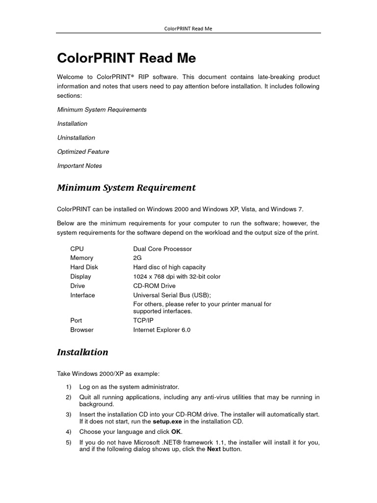 ColorPRINT Read Me | PDF | Installation (Computer Programs) | Microsoft ...