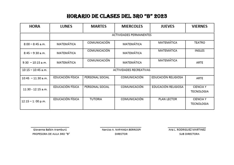 Horario de Clases 3ro "B" 2023 | PDF
