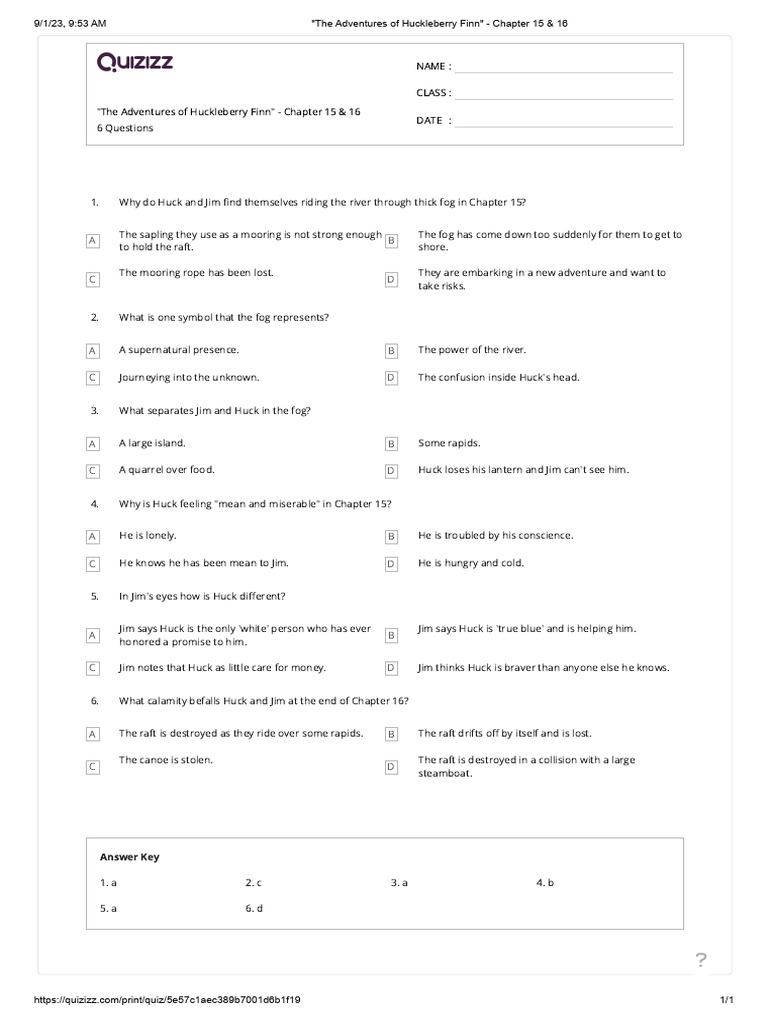 Huckleberry Finn Chapters 15 & 16 Quiz | PDF | Huckleberry Finn ...