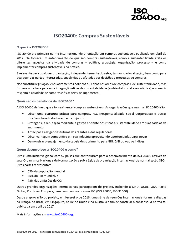 ISO20400 - One Page PT | PDF | Sustentabilidade | Nações Unidas