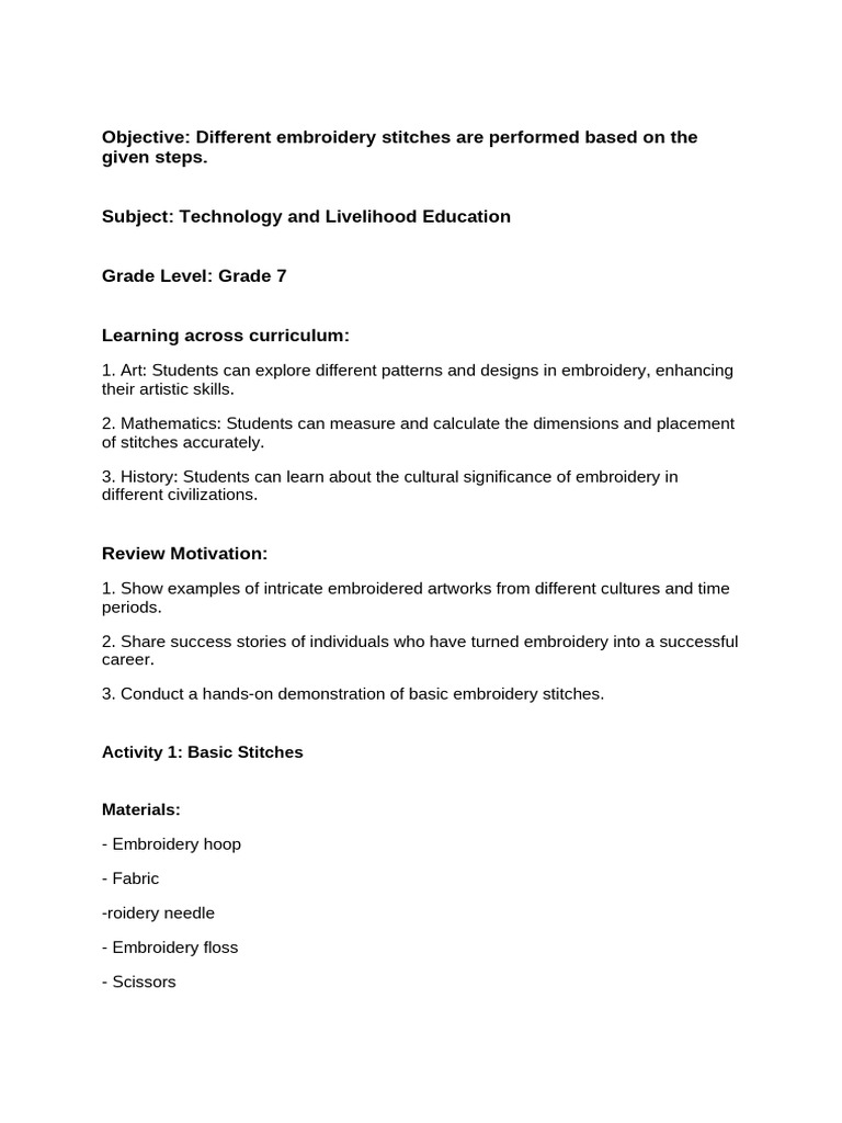 Lesson Plan | PDF | Embroidery | Cognition