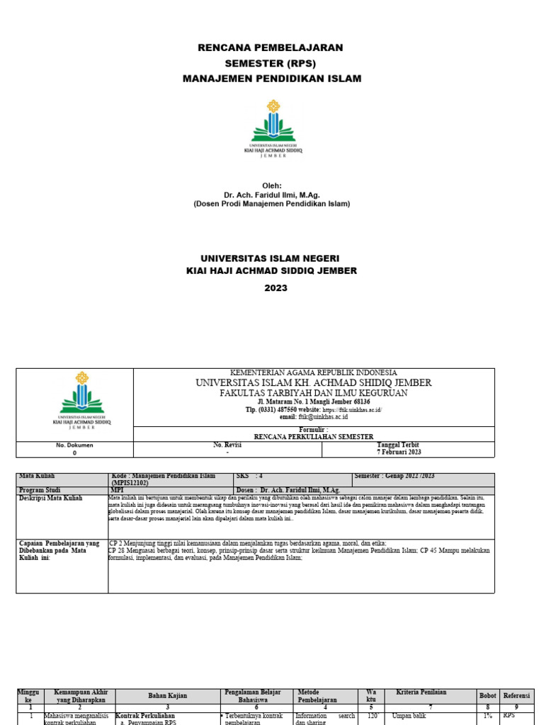 RPS Manajemen Pendidikan Islam - MPI - Dr. H. Ach. Faridul Ilmi, M.Ag. | PDF