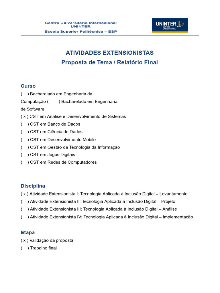 Atividades Extensionistas - Modelo de Proposta de Tema e Trabalho Final-1 | PDF | Ambiente natural