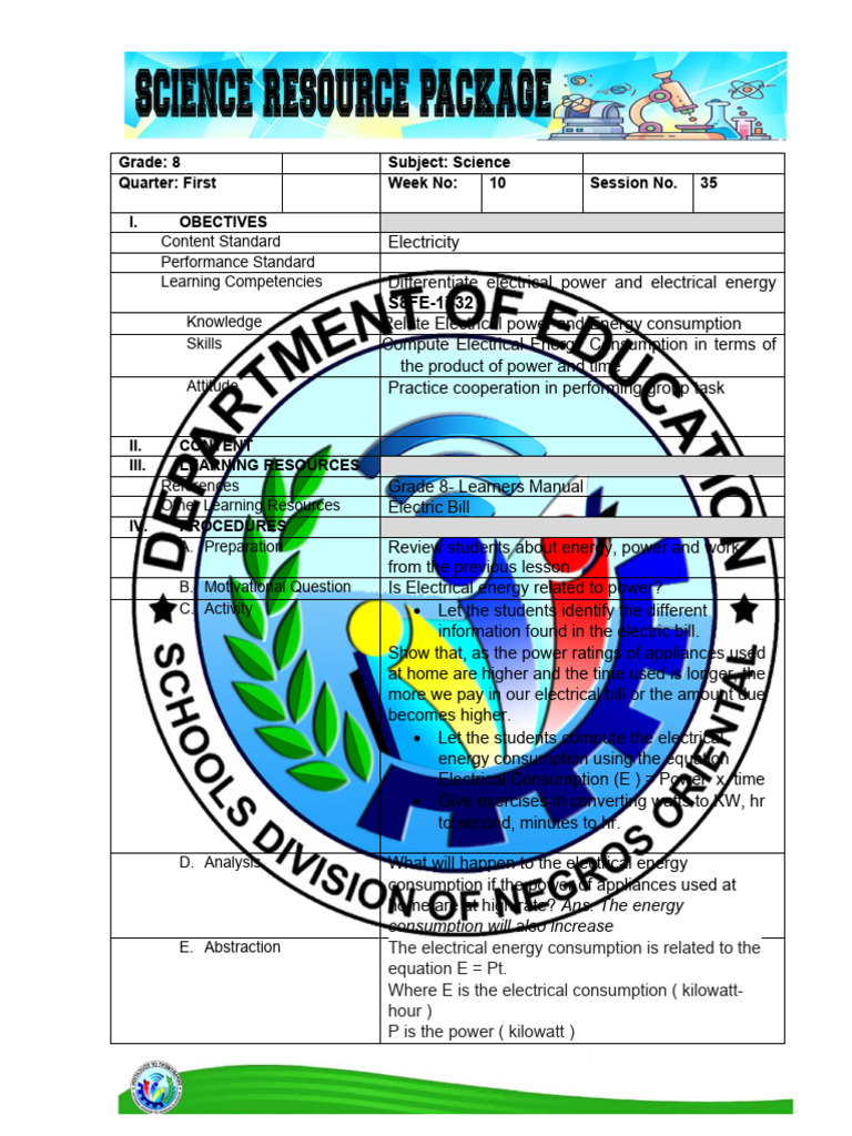 DLP q1 WK 8 d2 (35) Mongcopa | PDF | Electric Power | Watt