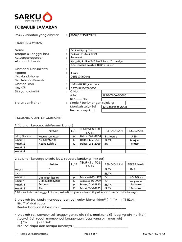 Formulir Aplikasi Kerja PT Sarku Enjinering Utama | PDF