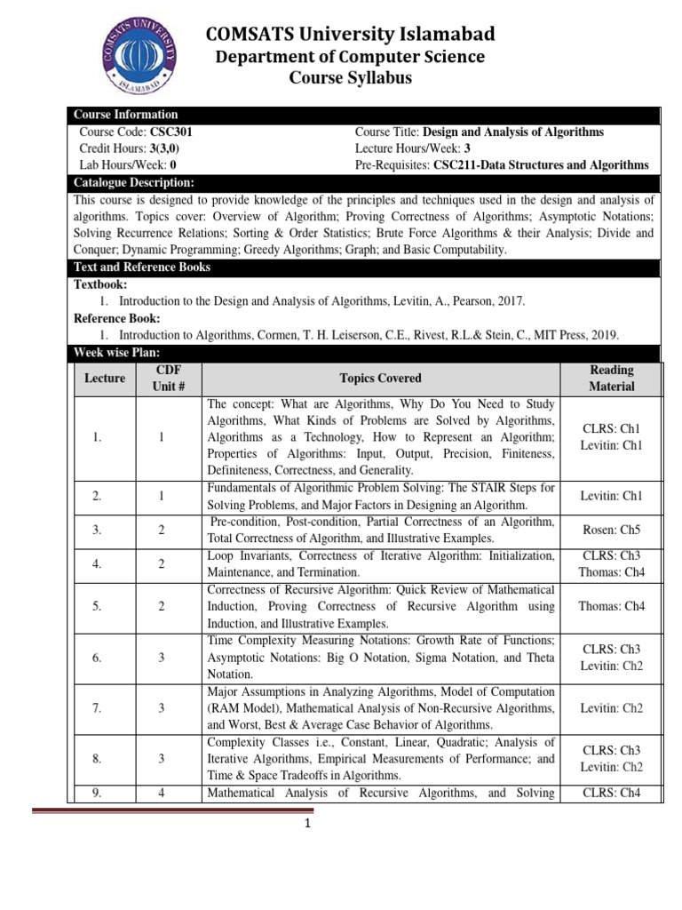 CSC301 D&AoA Syllabus V3.1 | PDF | Time Complexity | Computational Complexity Theory