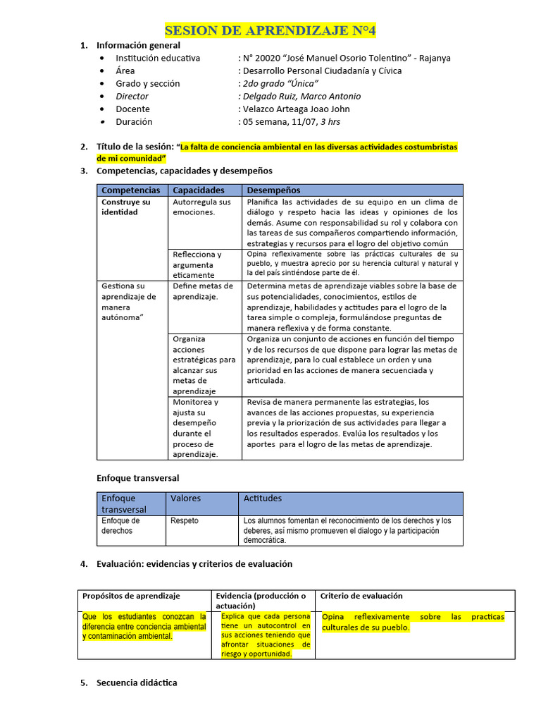 Sesion de Aprendizaje N°4 DPCC | PDF | Evaluación | Aprendizaje