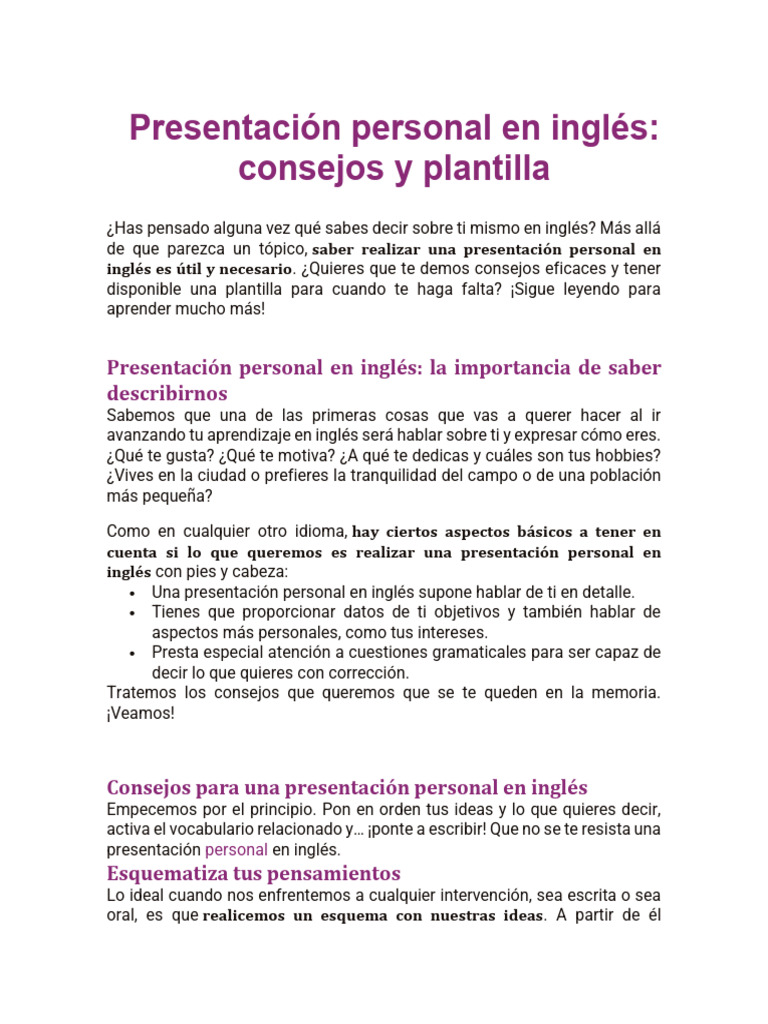 Presentación Personal en Inglés | PDF | Idioma en Inglés | Lingüística
