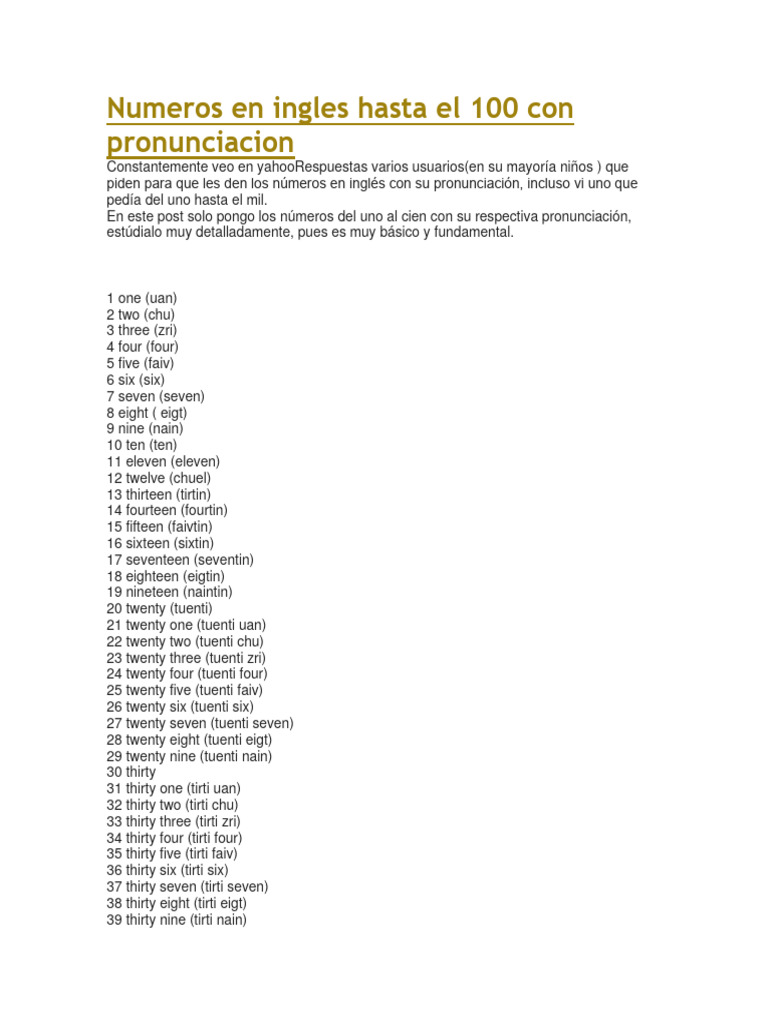 Numeros en Ingles Hasta El 100 Con Pronunciacion | PDF