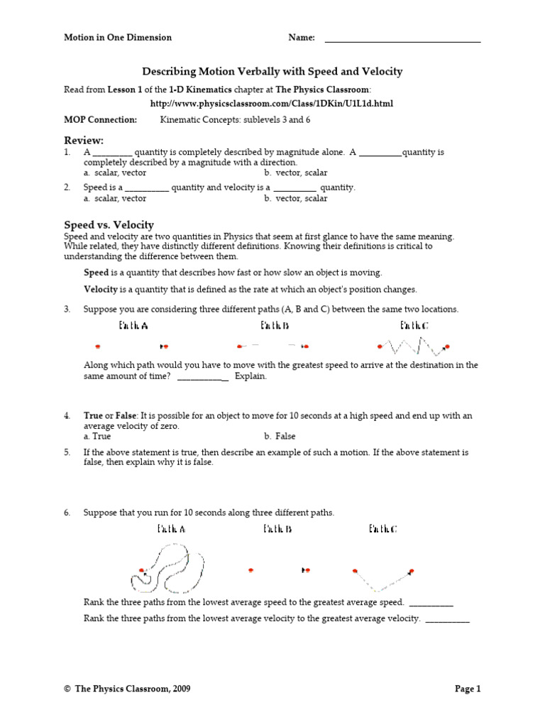 Speed and Velocity - Worksheet | PDF | Velocity | Speed
