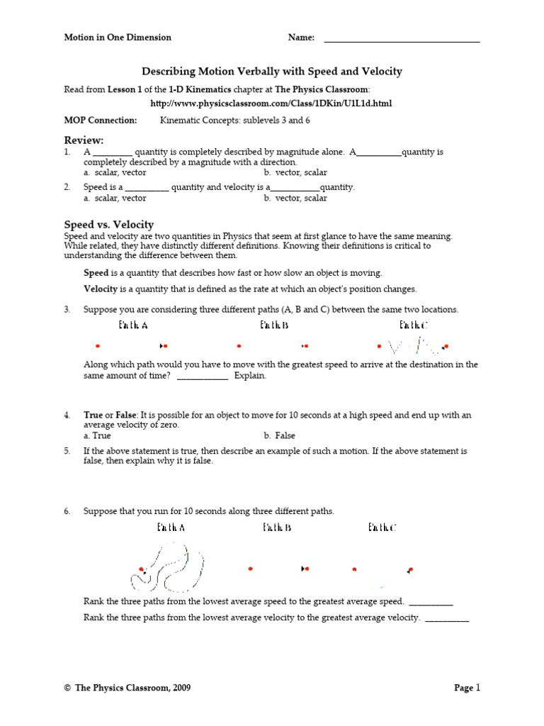 Speed vs. Velocity Worksheet | PDF | Velocity | Speed