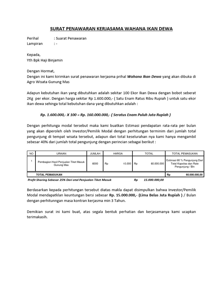 Surat Penawaran Kerjasama Wahana Ikan Dewa | PDF