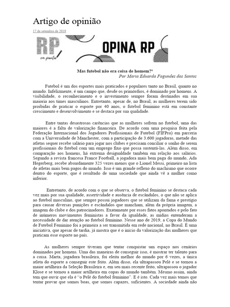 Artigo de opinião Futebol feminino | PDF | Futebol | Brasil