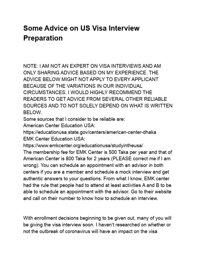 Some Advice On US Visa Interview Preparation | PDF | Expense | Income