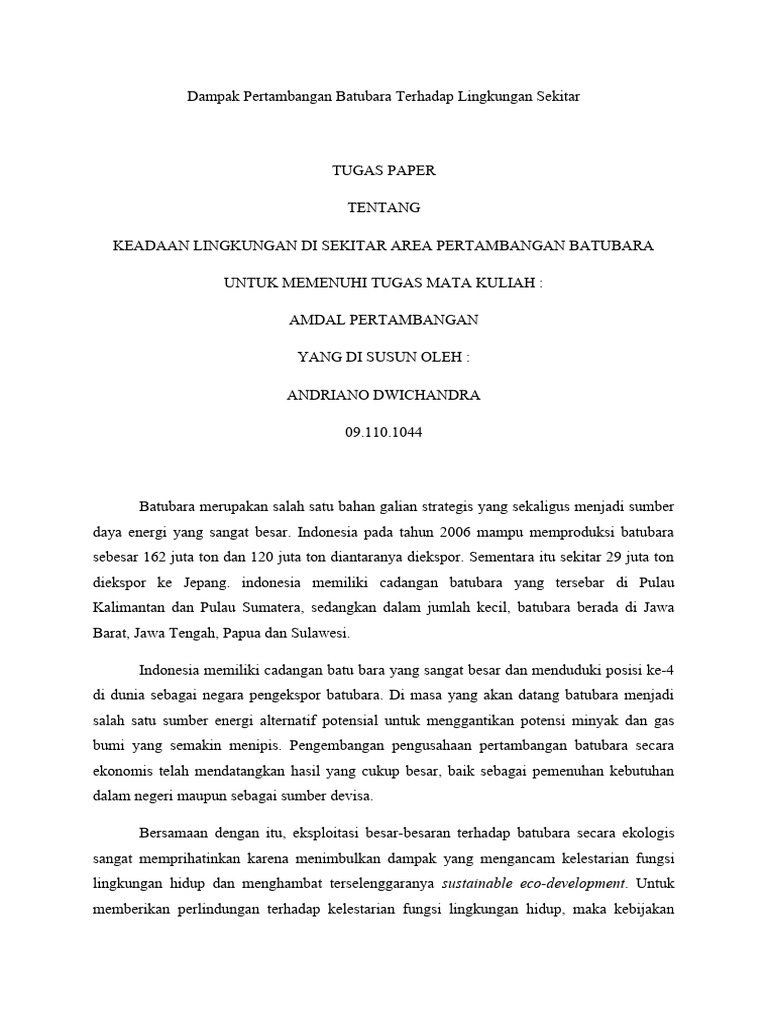 Dampak Pertambangan Batubara Lingkungan | PDF