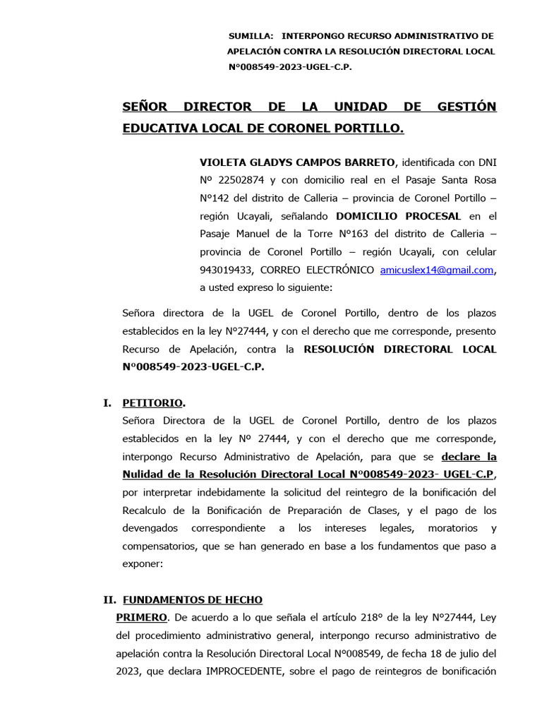 Apelación UGEL. Violeta Campos | PDF | Salario | Instituciones sociales