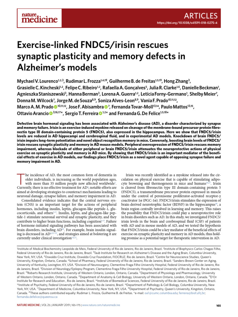 Exercise-Linked FNDC5/irisin Rescues Synaptic Plasticity and Memory Defects in Alzheimer's ...