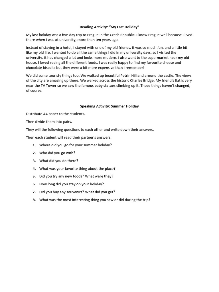 Speaking Activity My Summer Holiday | PDF