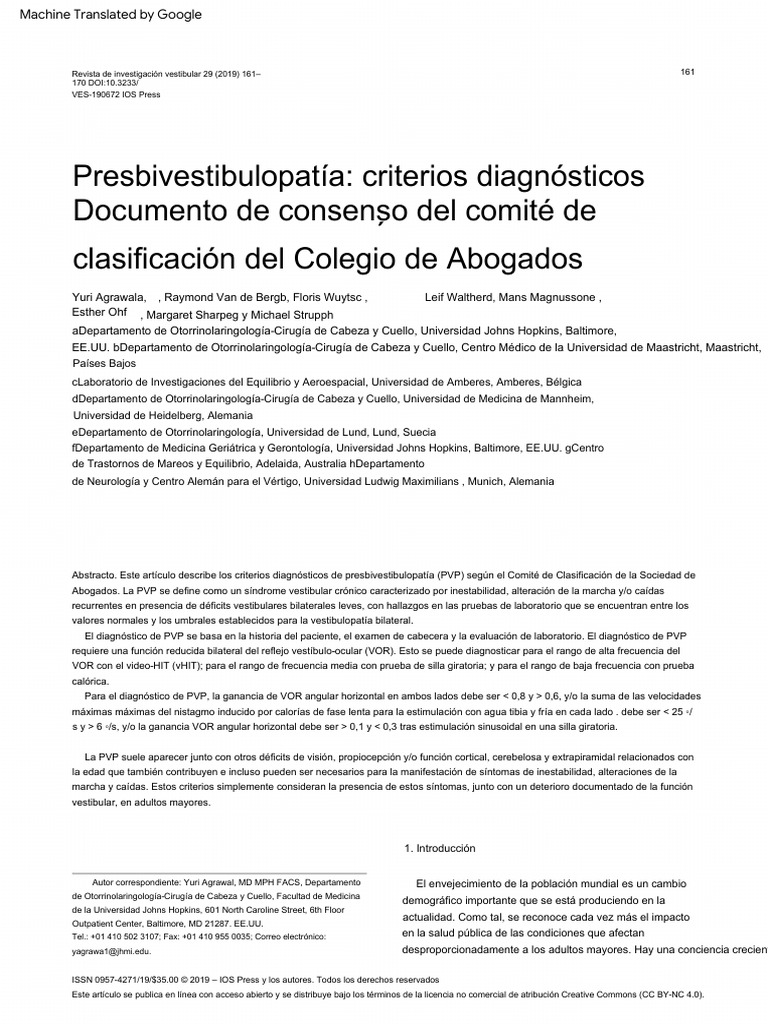 Barany Society, 2019. Presbyvestibulopathy Diagnostic Criteria ...