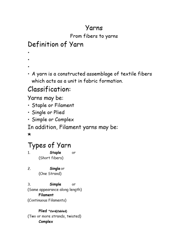 Yarns. Definition of Yarn. Classification - Types of Yarn. Yarns May Be ...