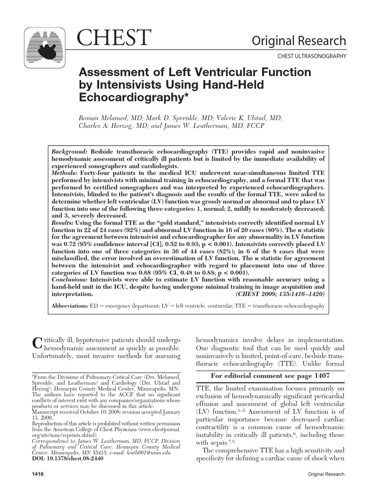 Assessment of Left Ventricular Function by IntensiviDsts Using Hand-Held Echocardiography. Chest ...