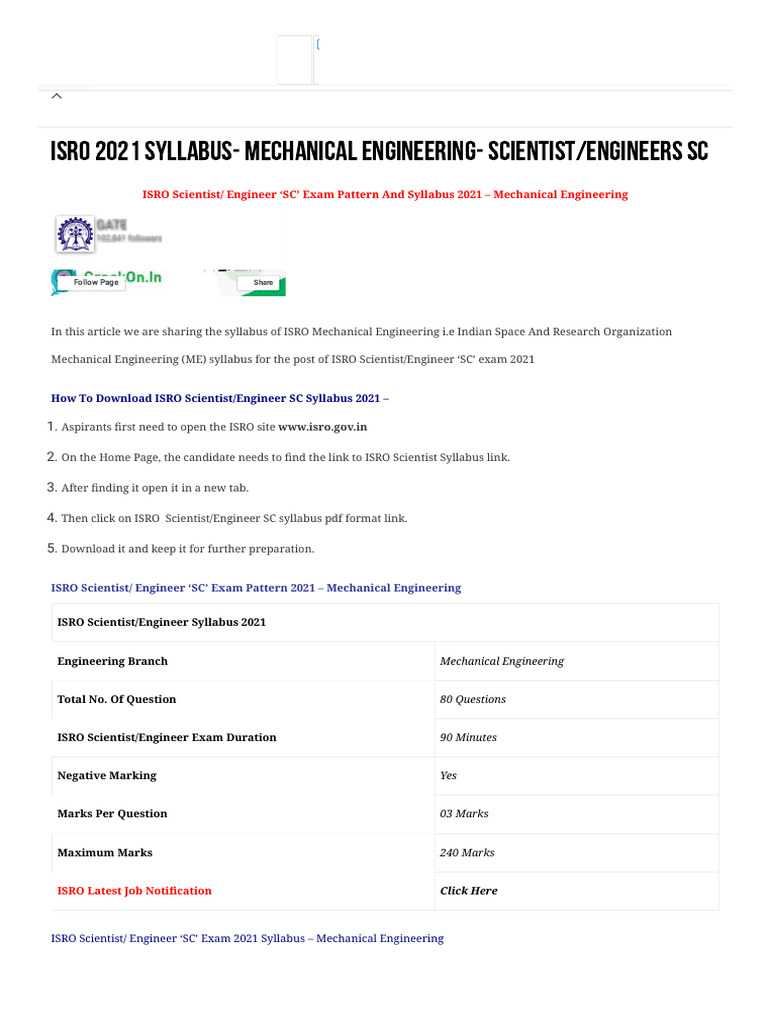ISRO 2021 Syllabus - Mechanical Engineering - Scientist - Engineers SC - Crackon - in | PDF ...