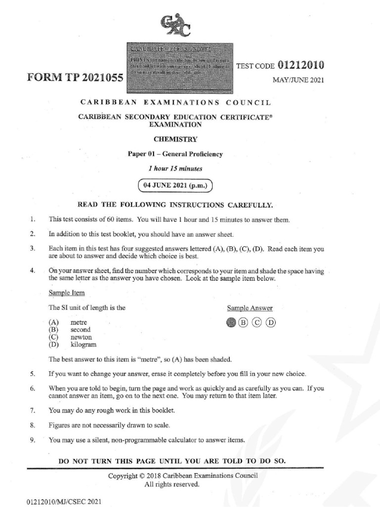 CSEC Chemistry June 2021 P1 Answers | PDF