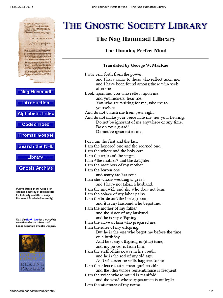 The Thunder, Perfect Mind - The Nag Hammadi Library | PDF | Gnosticism