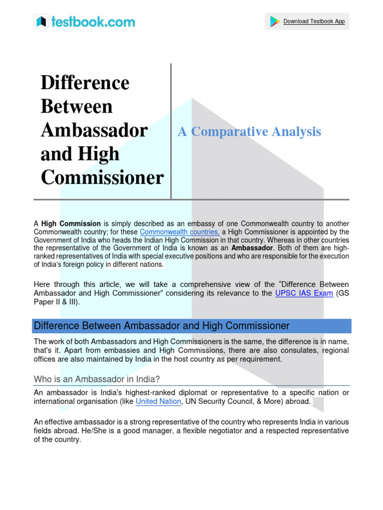 Difference Between Ambassador and High Commissioner 66c124d2 | PDF | Ambassador | Diplomatic Mission