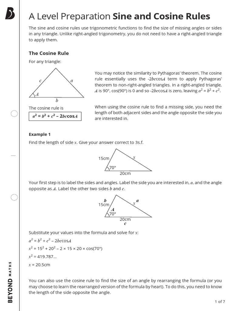 A Level Preparation - Sine and Cosine Rules | PDF | Trigonometric ...