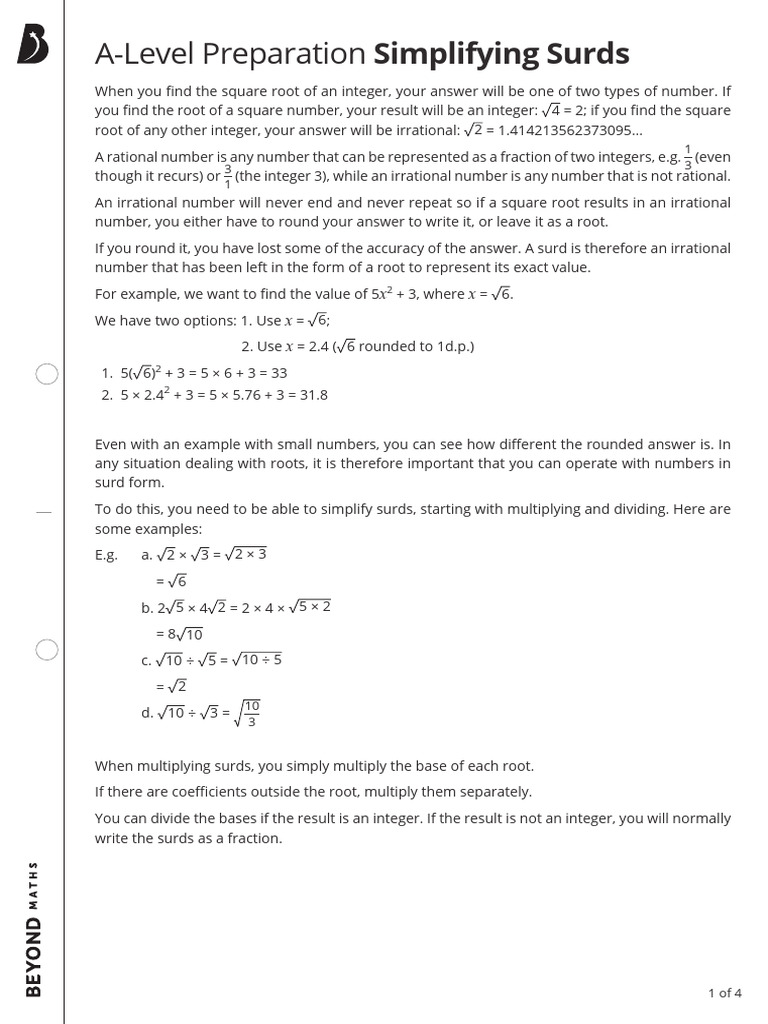 A Level Preparation - Simplifying Surds | PDF | Numbers | Rational Number