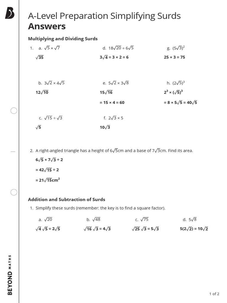 A Level Preparation - Simplifying Surds (Answers) | PDF