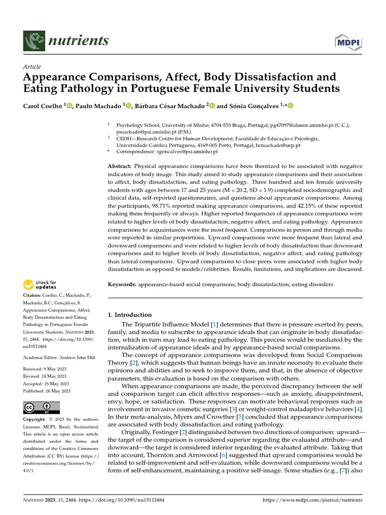 Coelho Et Al., 2023 - Appearance Comparisons, Affect, Body Dissatisfaction and Eating Pathology ...