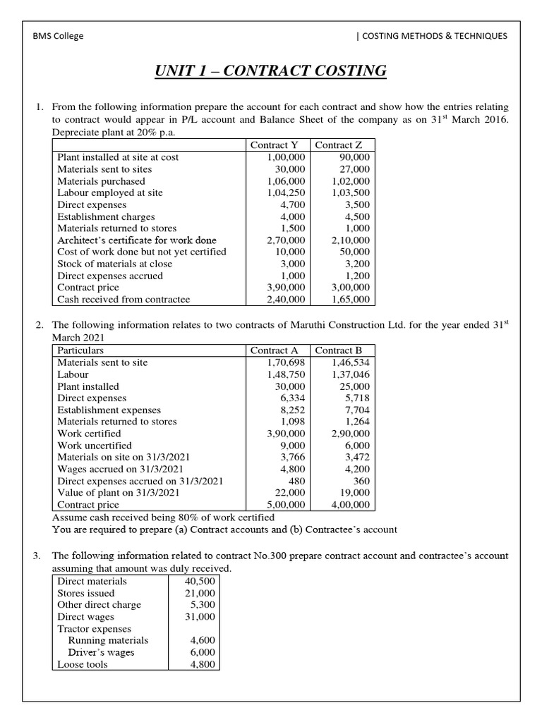 Unit 1 - Contract Costing - Problems | PDF | Cost | Depreciation