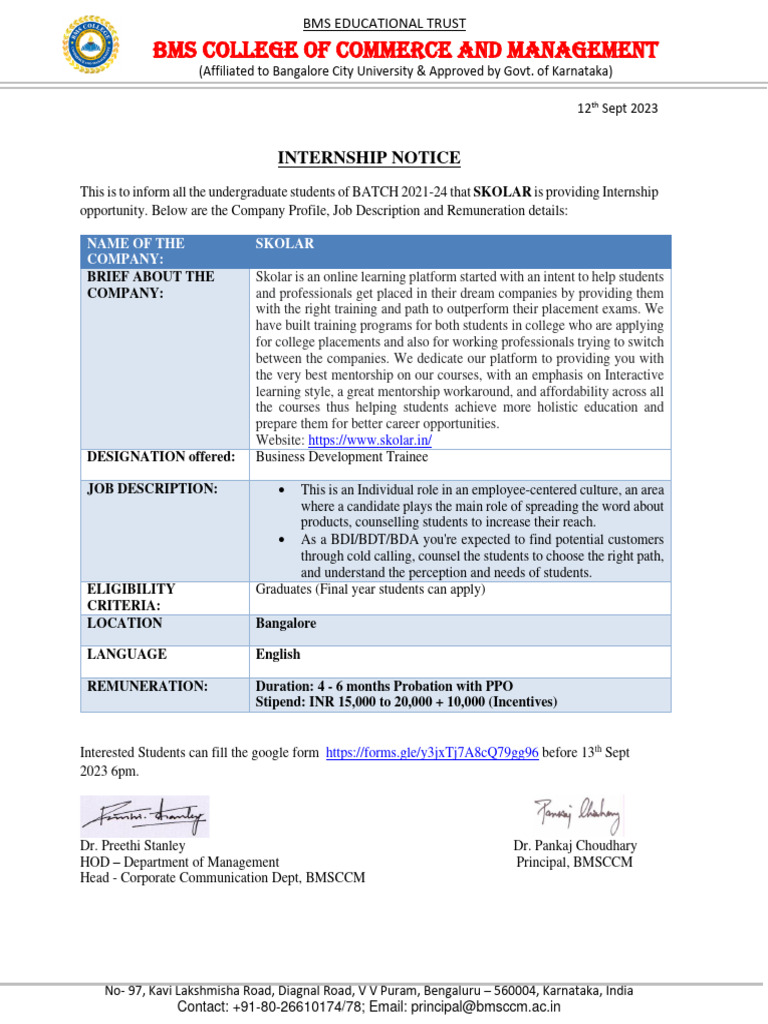 Internship Notice - SKOLAR-1 | PDF | Learning