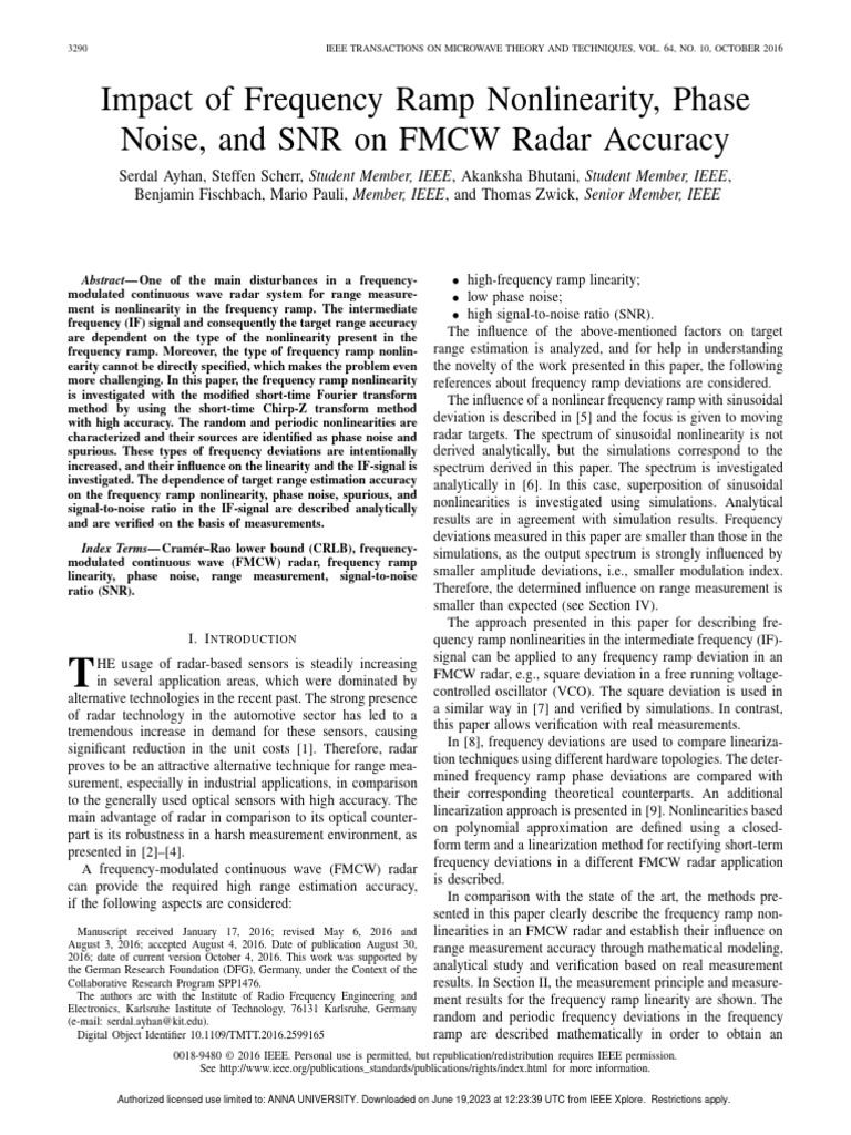 Impact of Frequency Ramp Nonlinearity Phase Noise and SNR On FMCW Radar ...