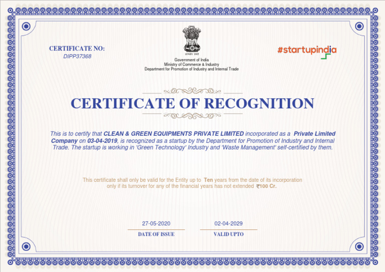 Sample Copy of Startup India Certificate | PDF Sample Copy of Startup India Certificate | PDF