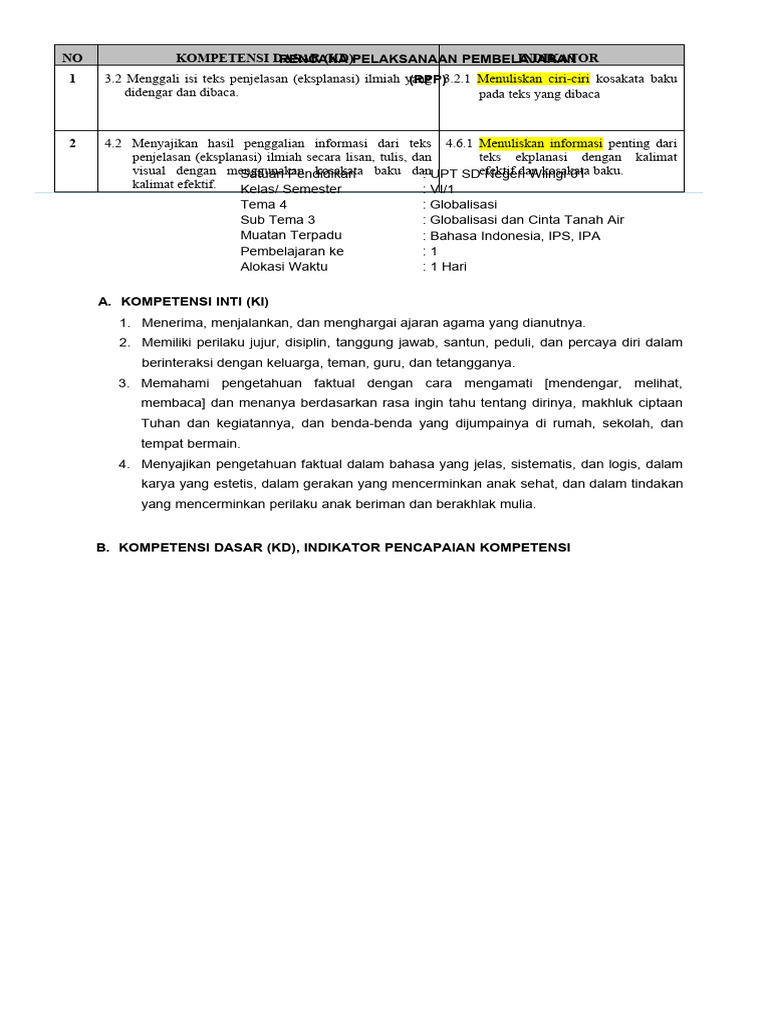RPP KLS Vi Tema 4 ST 3 PB1 - Yayuk Amirotin | PDF