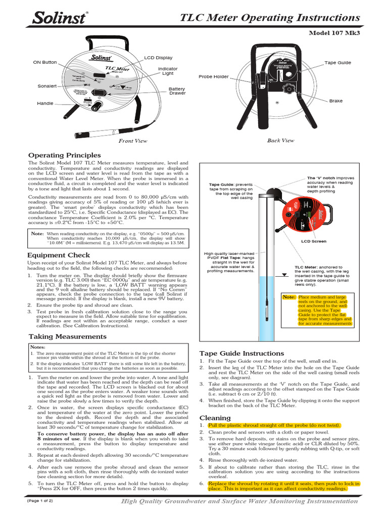 03 - Solinst Model 107 TLC Meter Operating Instructions | PDF | Calibration | Water