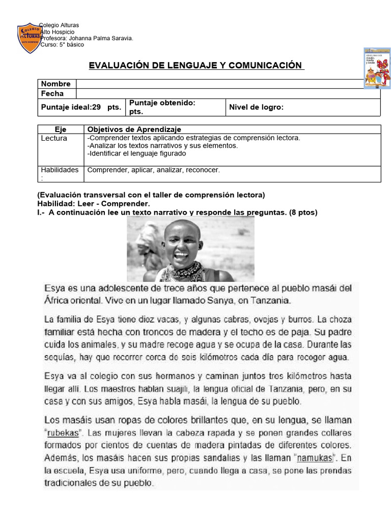 EVAL Leng. 5TO. | PDF | Narración | Comprensión lectora