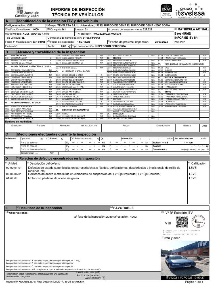 Identificación de La Estación ITV y Del Vehículo A: Matrícula Actual ...