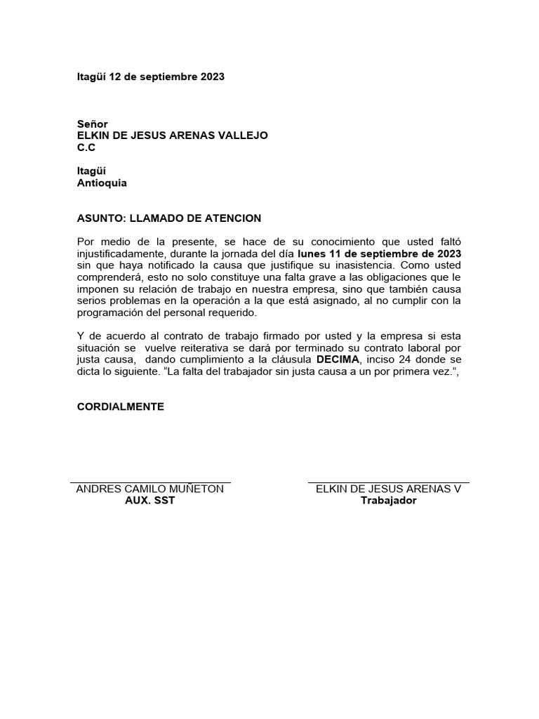 Carta de Amonestacion Por Ausencia Injustificada | PDF