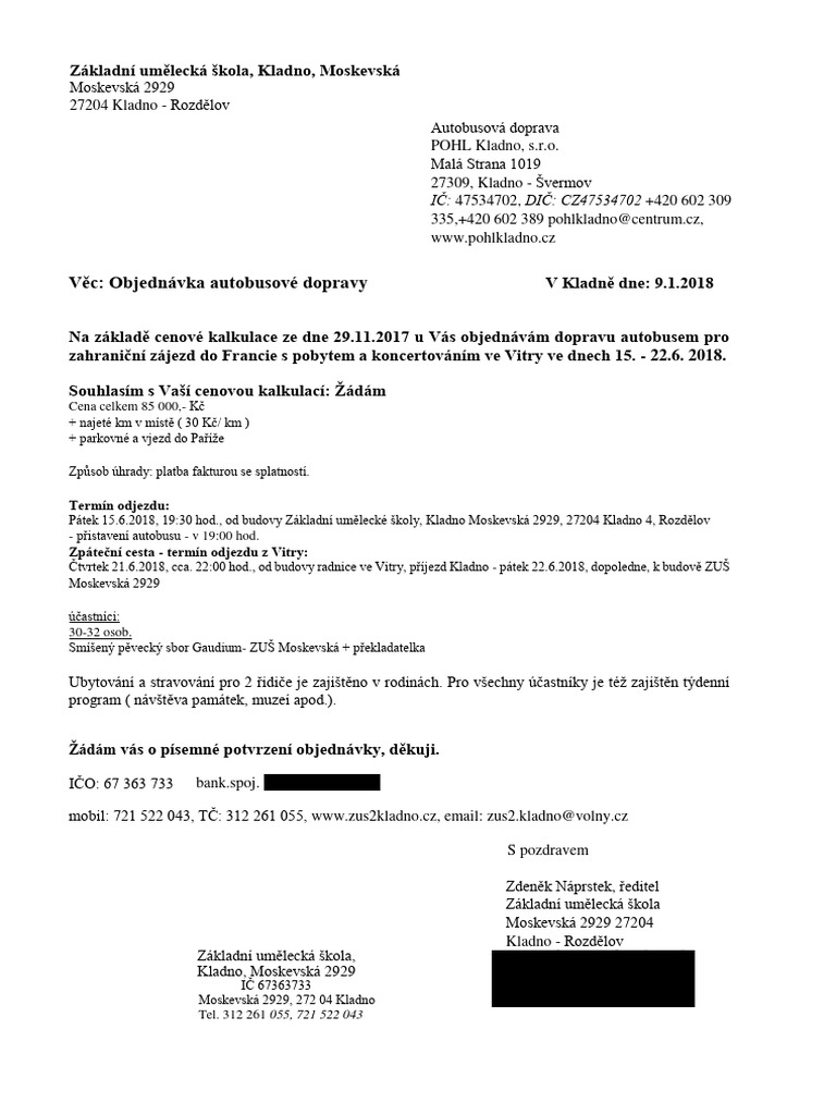 Objednávka Autobusové Dopravy Do Vitry | PDF