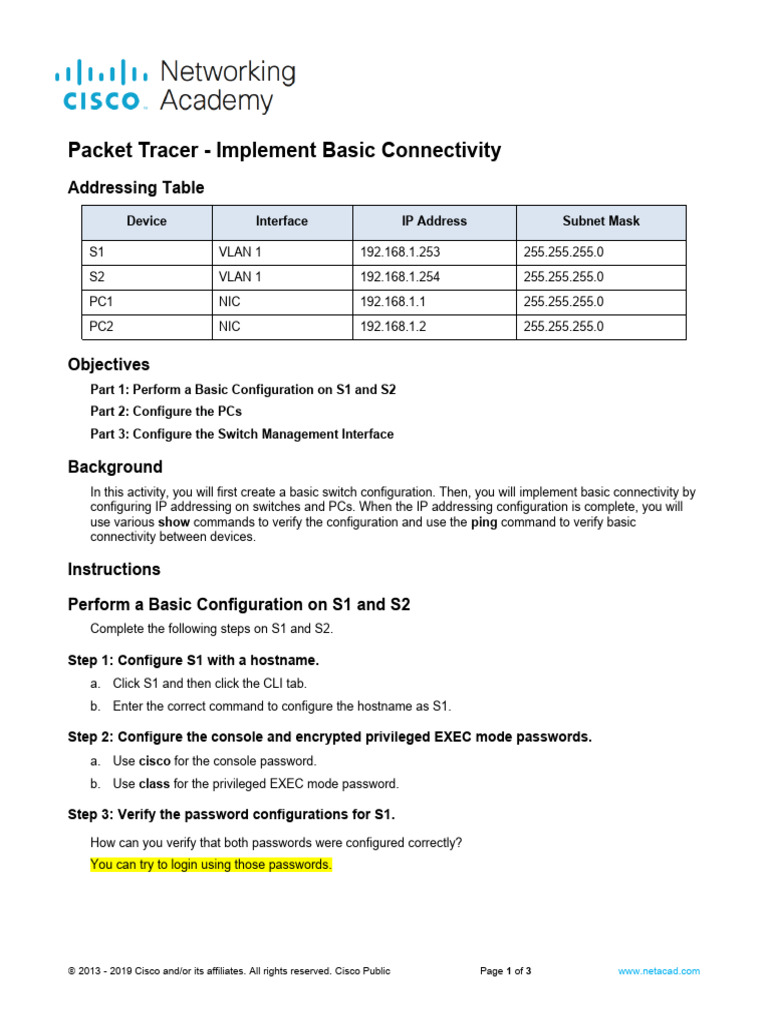 2.7.6 Packet Tracer - Implement Basic Connectivity | PDF | Ip Address | Command Line Interface