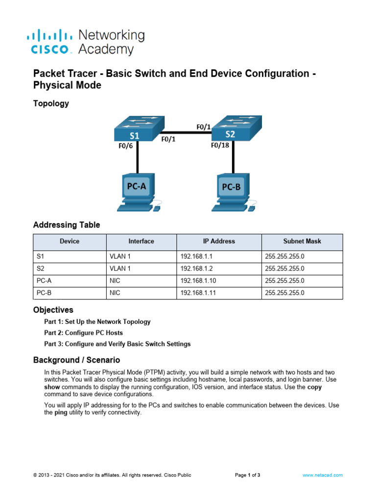 2.9.2 Packet Tracer - Basic Switch and End Device Configuration - Physical Mode | PDF | Computer ...