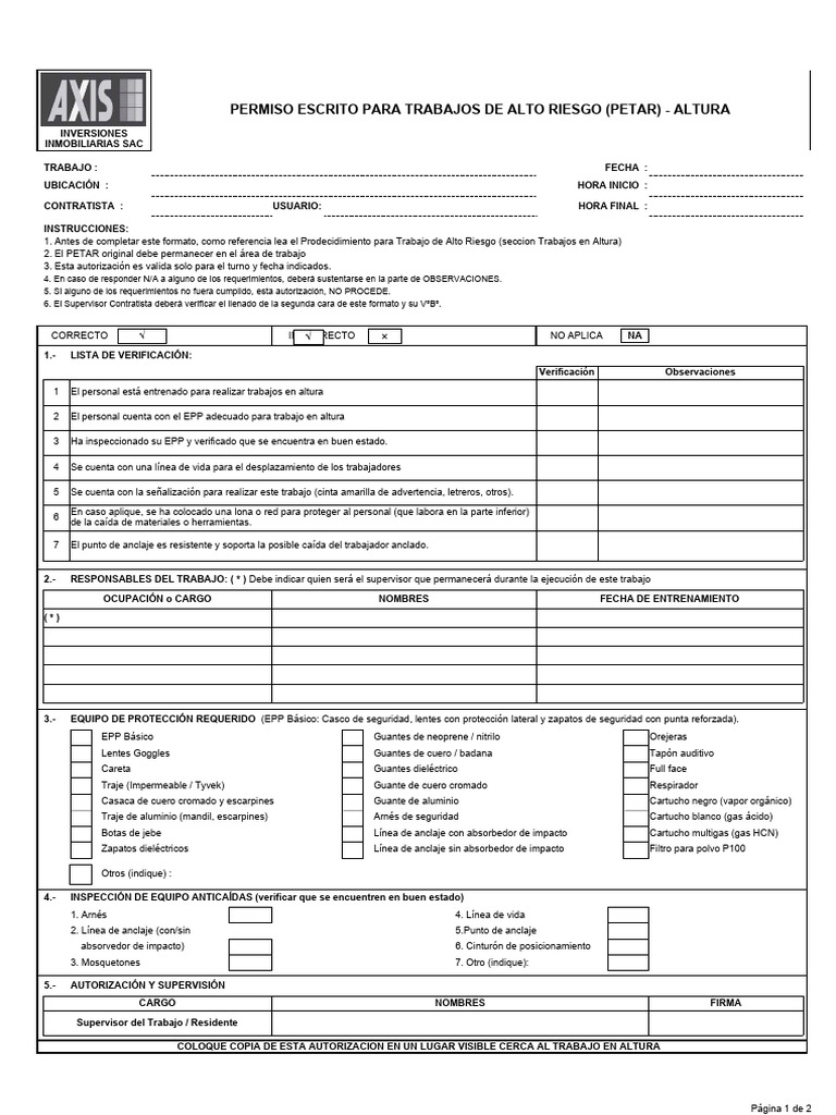 Permiso Escrito para Trabajo de Alto Riesgo PETAR Alturo | PDF