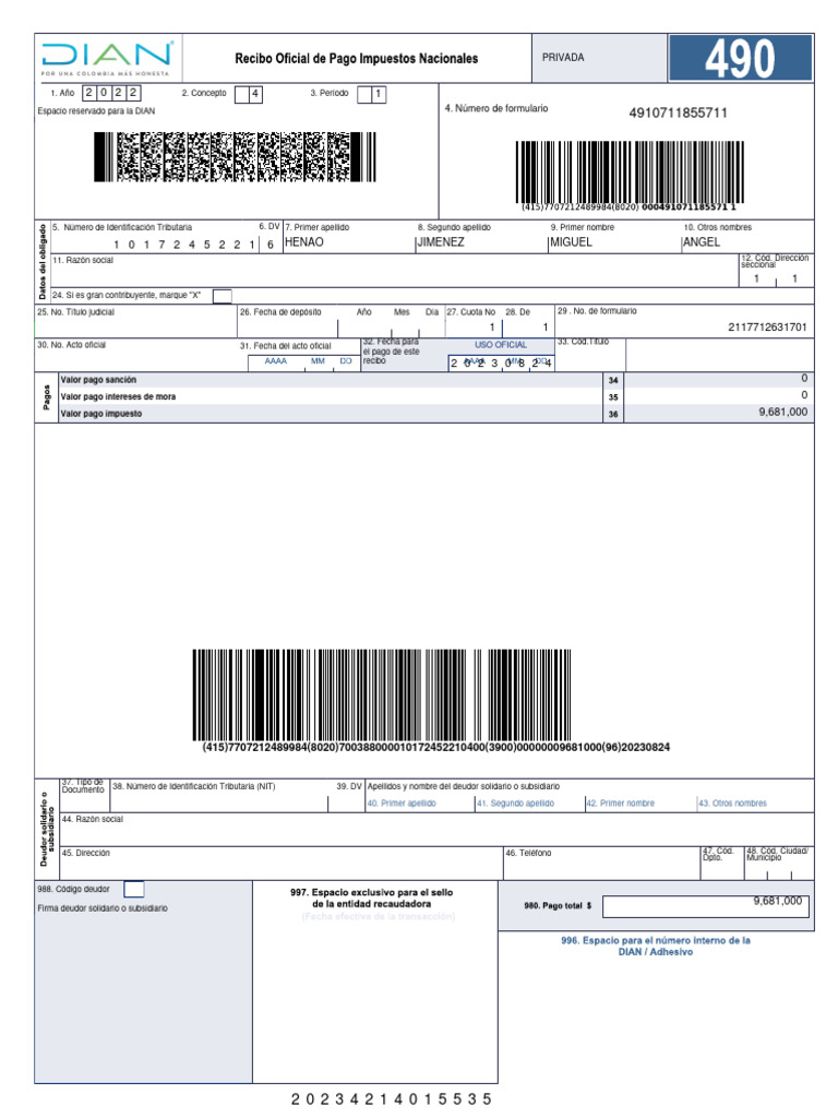 Recibo de Pago Declaracion de Renta 2022 Miguel Angel Henao J | PDF