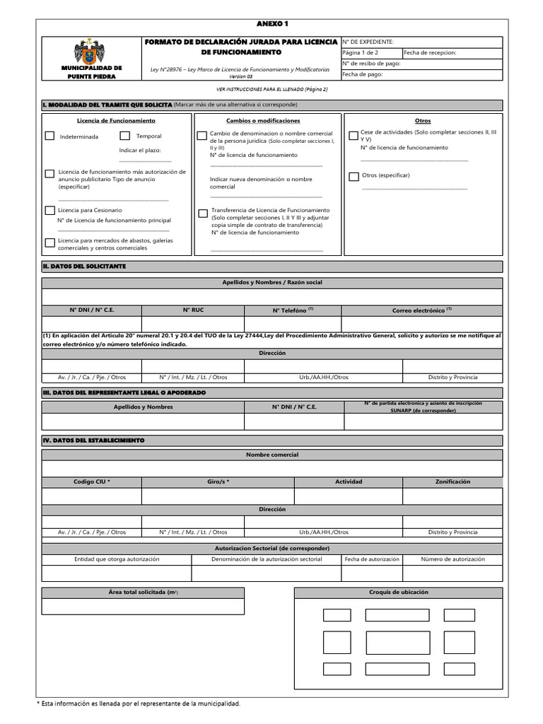 f000 Formato de Declaracion Jurada para Licencia de Funcionamiento | PDF