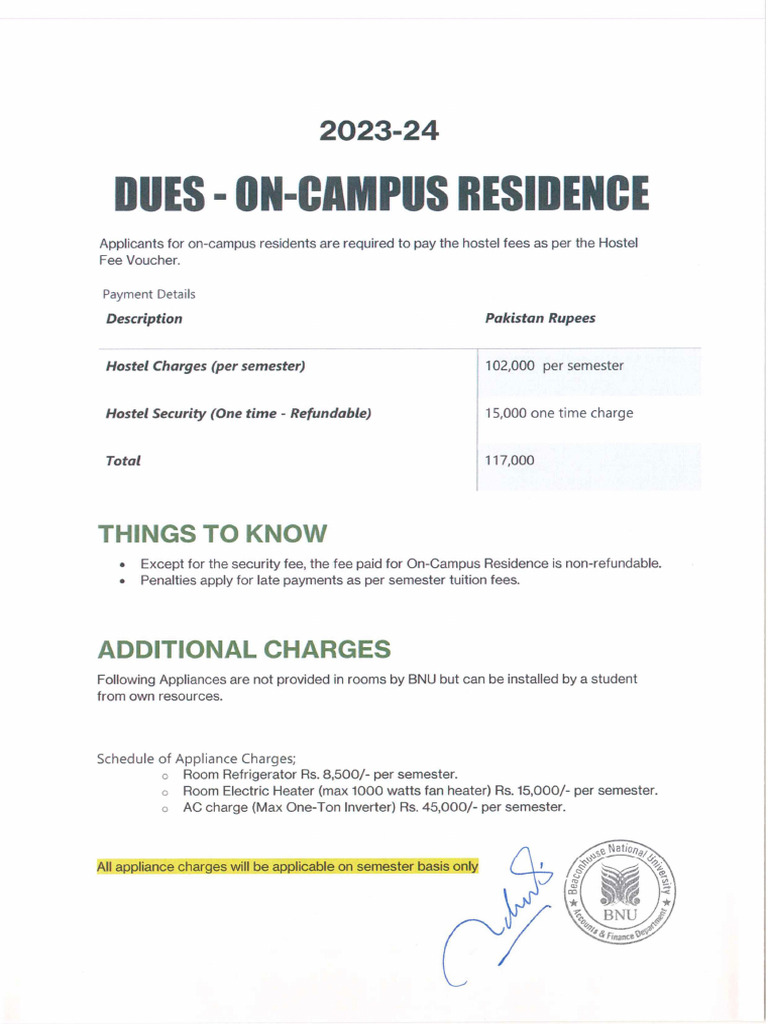 Hostel Fee Structure 2023-24 | PDF