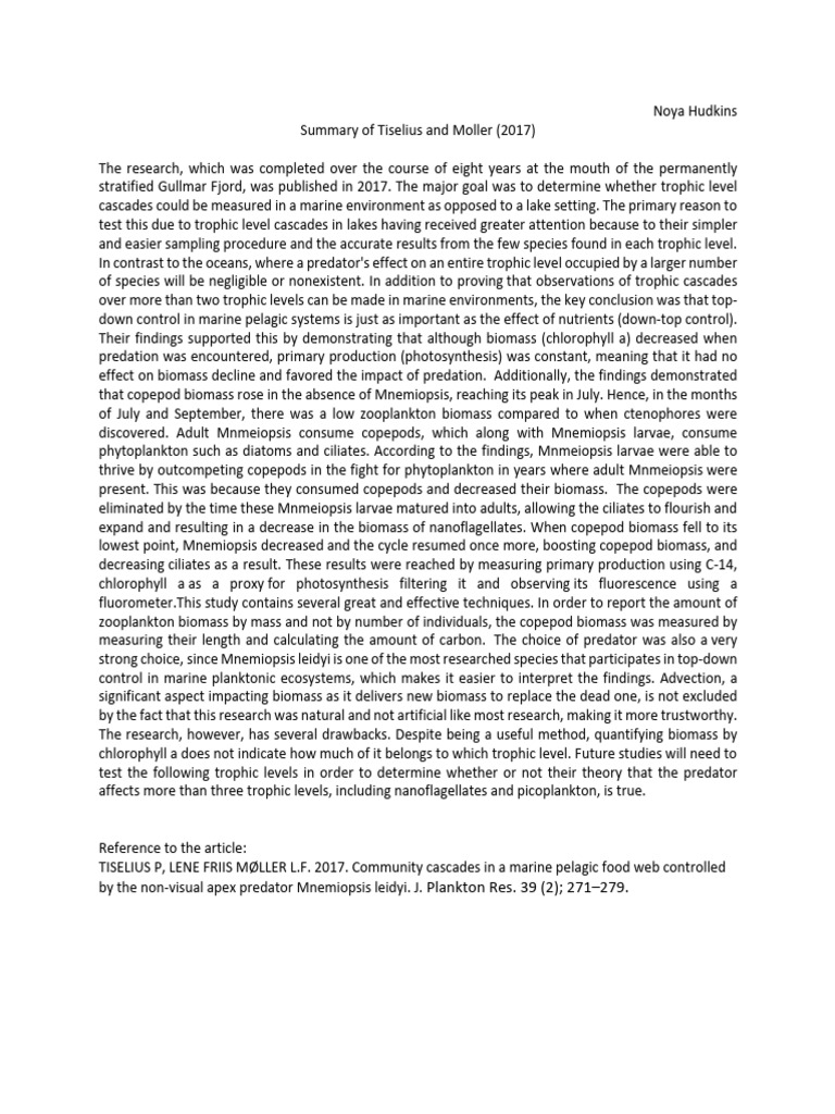 Summary of Tiselius and Moller (2017) | PDF | Biomass (Ecology) | Food Web